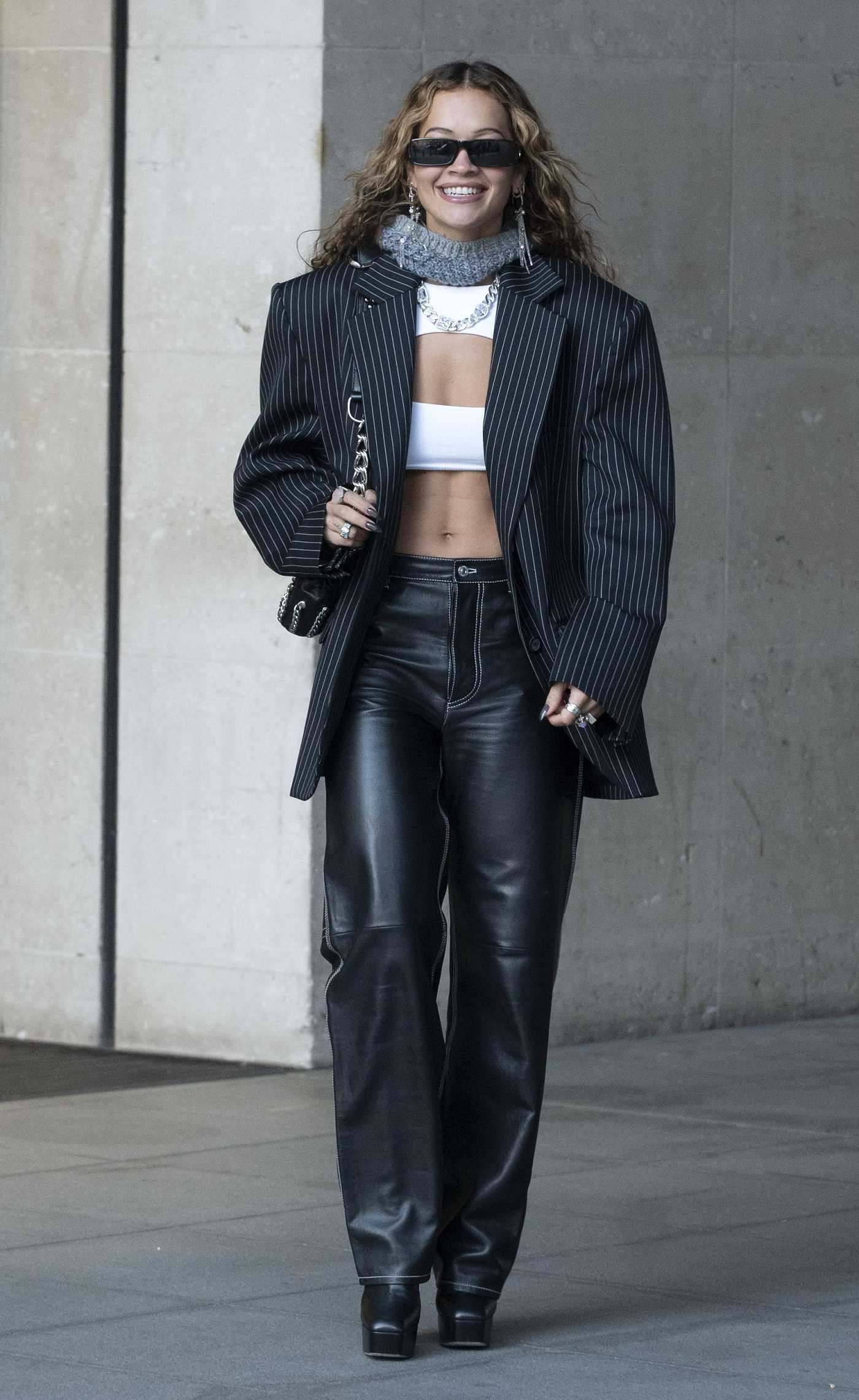 Rita Ora in a Black Leather Trousers Arrives at BBC Radio 1 Studio in ...